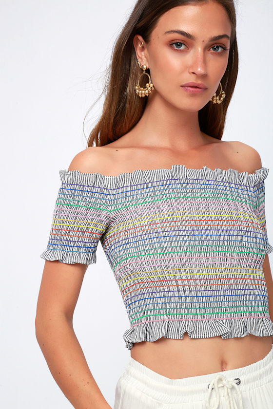 Cute Multi Stripe Off-the-Shoulder Top - Smocked Crop Top - Lulus