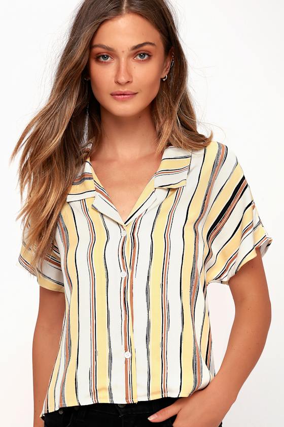 First Monday - Yellow Striped Button-Up Top - Collared Top - Lulus