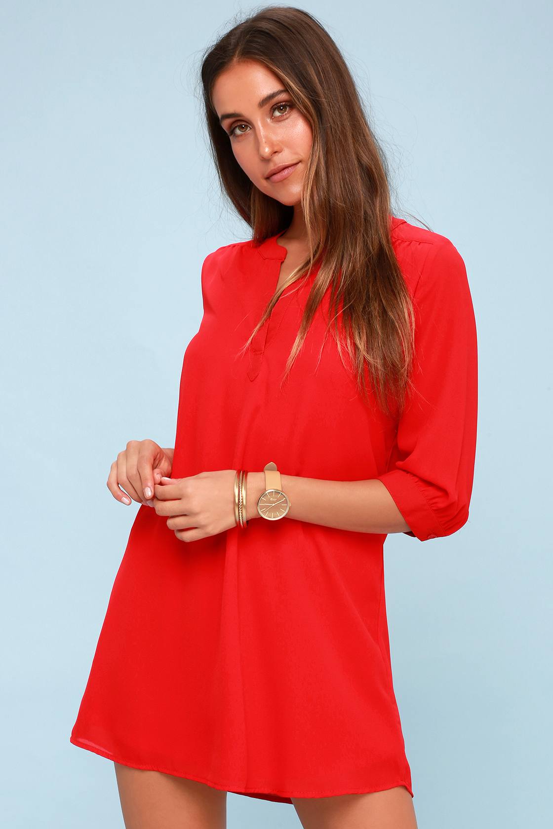 Chic Shift Dress - Red Dress - Three-Quarter Sleeve Dress - Lulus