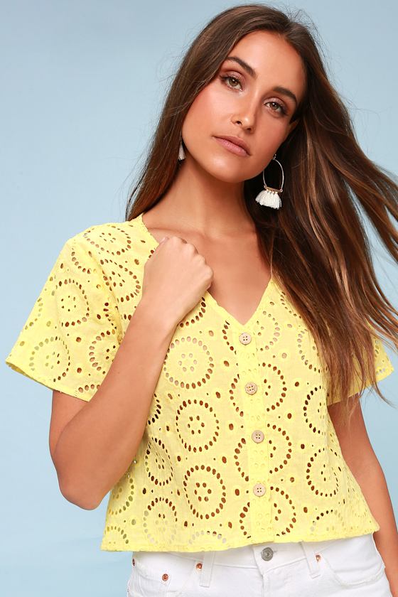 Cute Yellow Eyelet Top - Button-Up Top - Eyelet Crop Top - Lulus