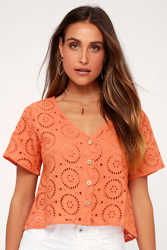 Cute Coral Eyelet Top Button Up Top Eyelet Crop Top Lulus