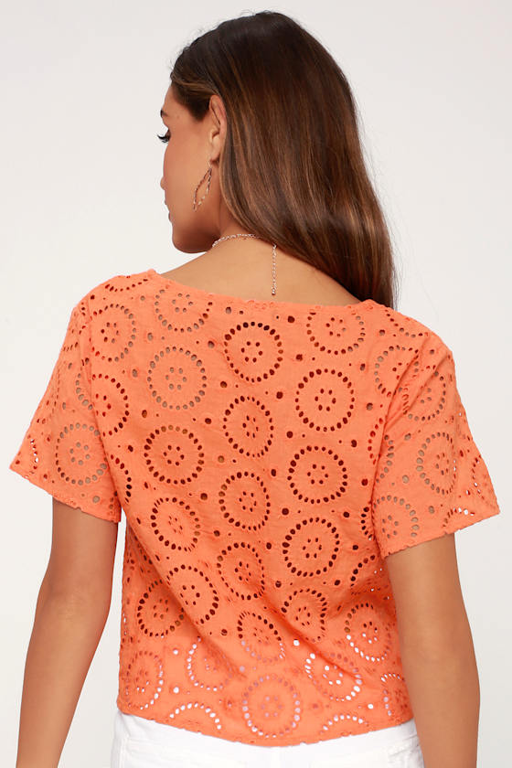 Cute Coral Eyelet Top - Button-Up Top - Eyelet Crop Top - Lulus