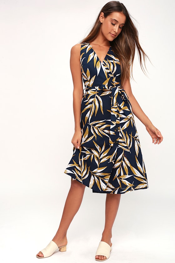 J.O.A. Baya - Navy Blue Wrap Dress - Leaf Print Dress - Lulus