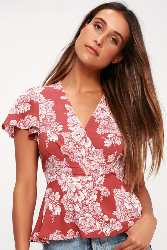 Cute Rusty Rose Floral Print Top - Peplum Top - Wrap Top - Lulus