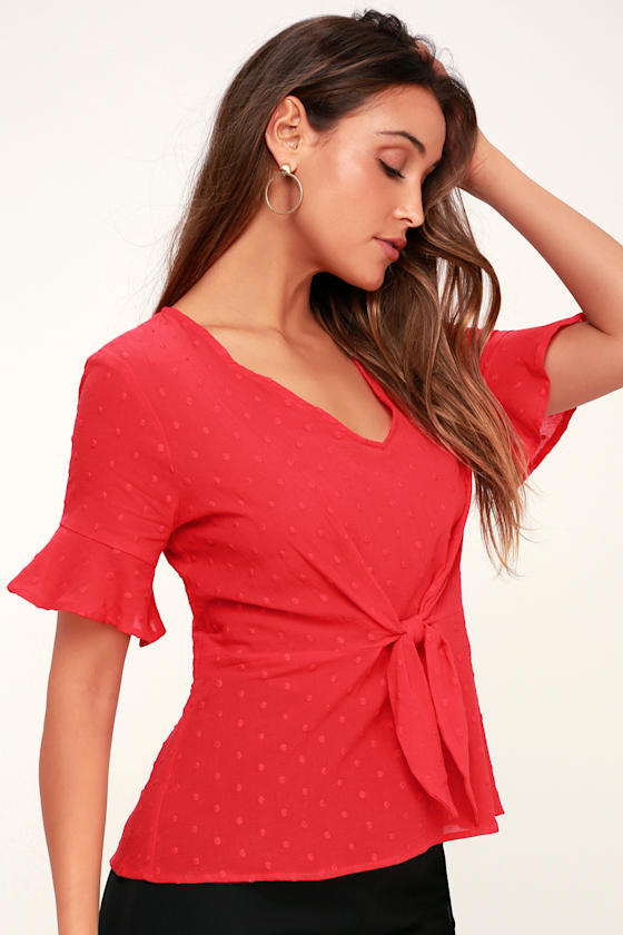 Cute Red Top - Flounce Sleeve Top - Red Tie-Front Top - Red Top - Lulus