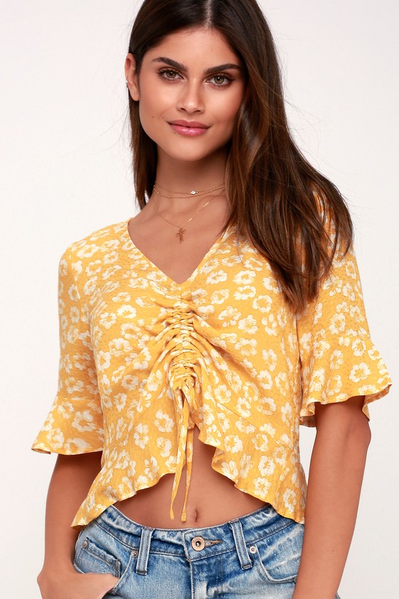Cute Mustard Yellow Floral Print Crop Top Ruched Crop Top Lulus