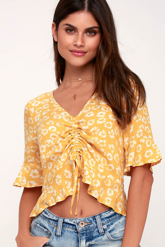 Cute Mustard Yellow Floral Print Crop Top Ruched Crop Top Lulus