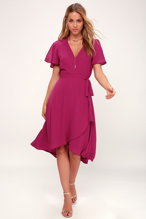 Lovely Magenta Wrap Dress Midi Wrap Dress Midi Dress Lulus