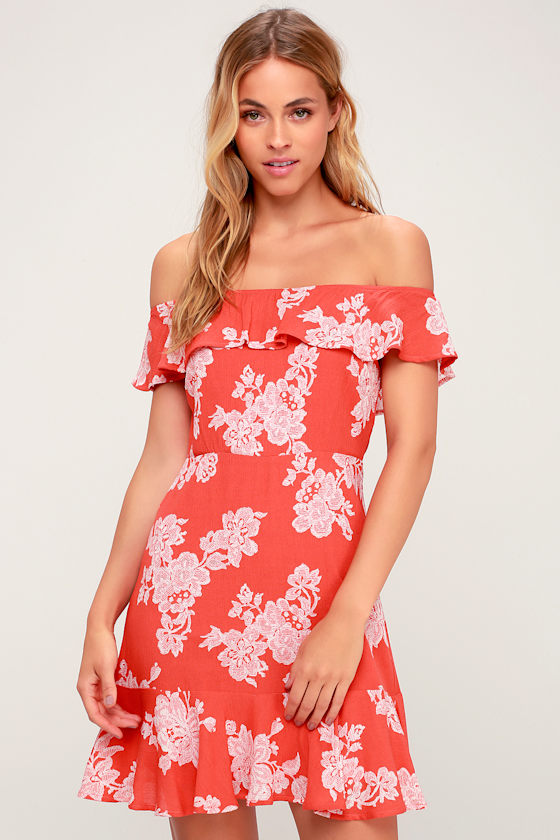 Cute Pink Dress - Floral Print Dress - Off-the-Shoulder Dress - Lulus