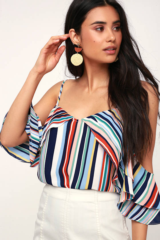 Cute Multi Striped Top - Off-the-Shoulder Top - Flounce Top - Lulus