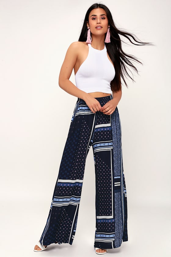 Boho Navy Blue Print Pants - Wide-Leg Pants - Casual Pants - Lulus