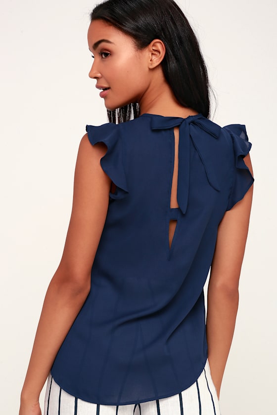 Chic Navy Blue Top - Navy Blue Shirt - Tie-Back Top - Sheer Top - Lulus
