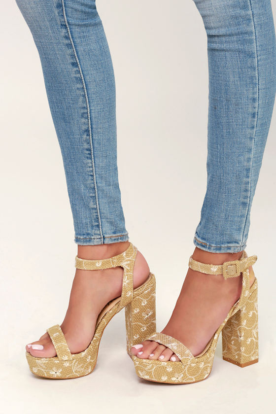 Cute Woven Heels - Floral Print Heels - Tan Ankle Strap Heels - Lulus