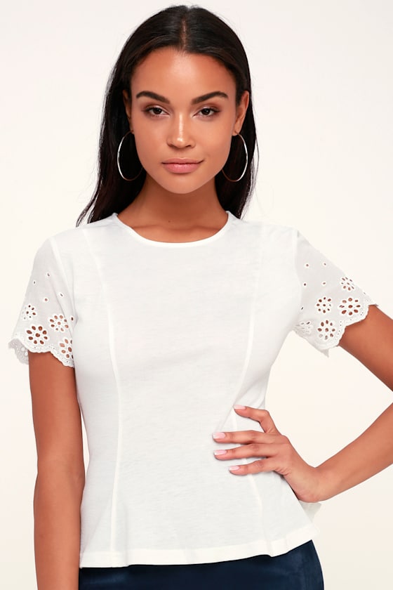 Cute Top - Lace Sleeve Top - Office Wear - White Top - Eyelet Top - Lulus