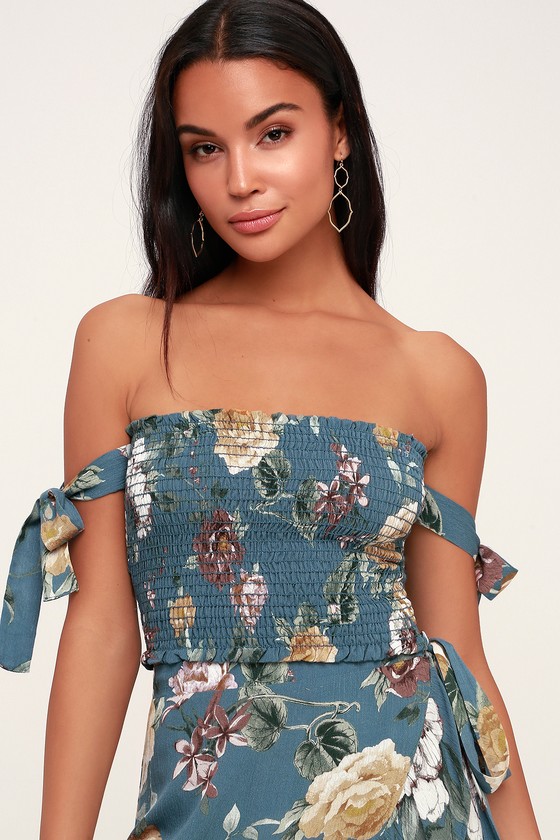 Cute Teal Blue Top Floral Print Crop Top Smocked Crop Top Lulus