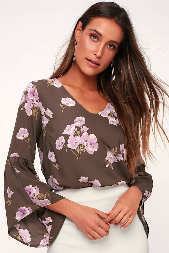 Lovely Taupe Top - Taupe Floral Print Top - Flounce Sleeve Top - Lulus