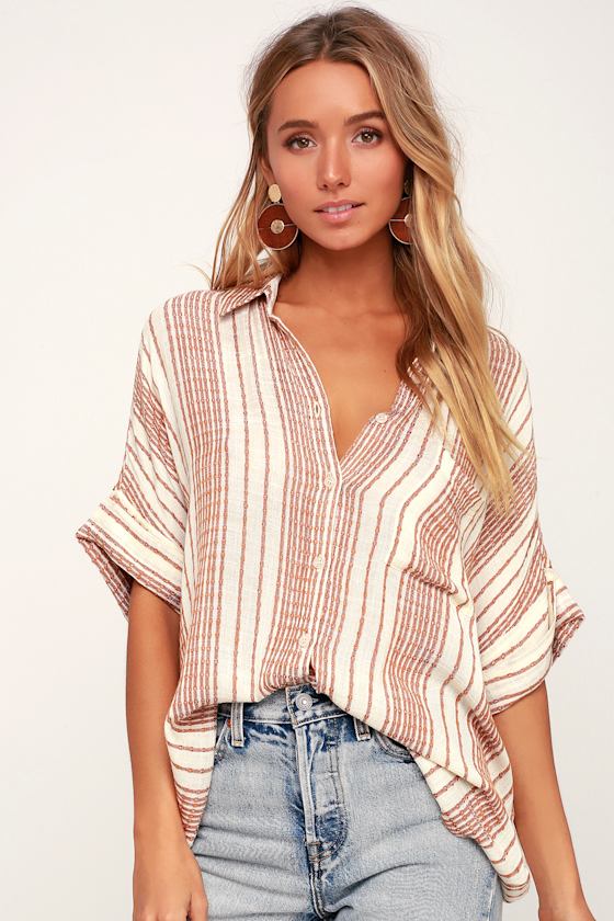 Chic Cream and Tan Striped Top - Button-Up Top - Collared Top - Lulus