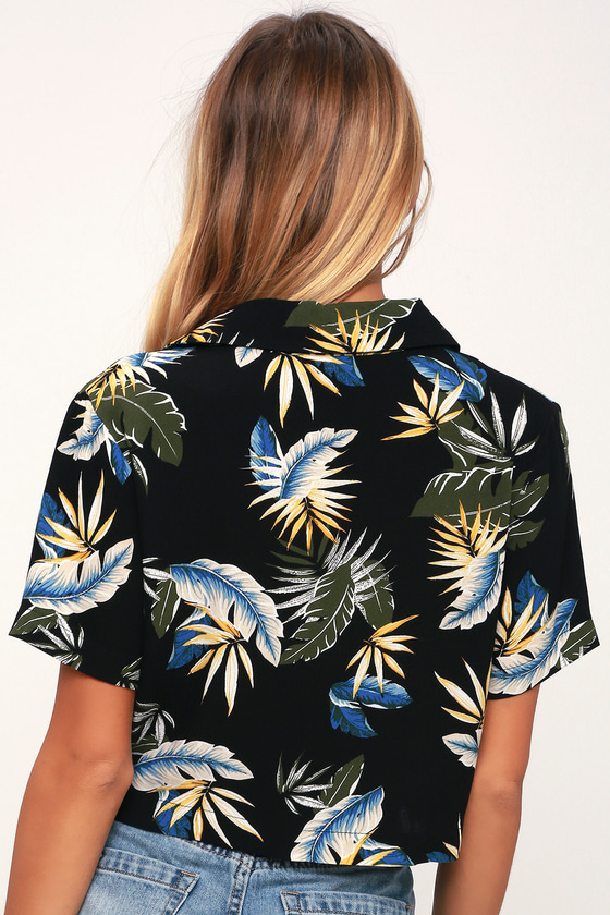 Cute Black Top Black Tropical Print Top Cropped Button Up Top Lulus