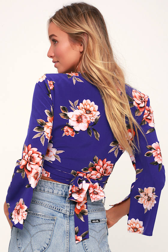 Cute Royal Blue Floral Print Top - Tie-Front Top - Crop Top - Top
