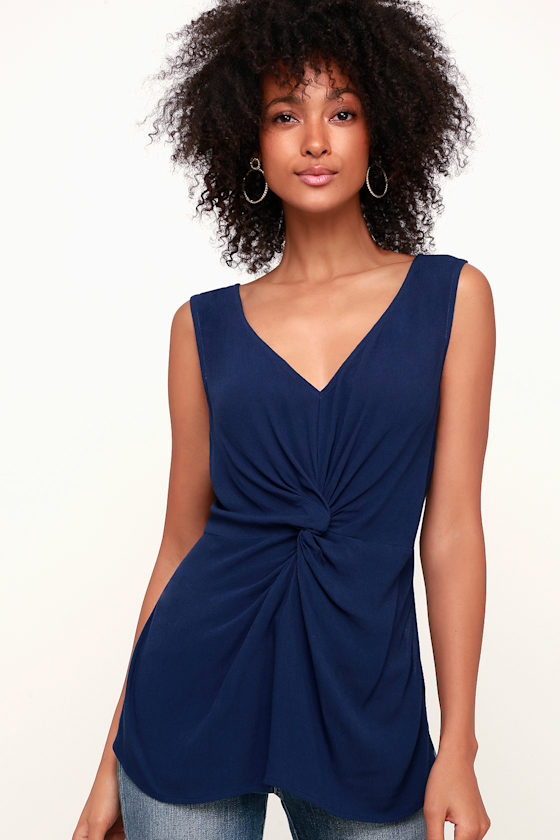 Cute Navy Blue Top - Navy Blue Tank Top - Blue Knotted Front Top - Lulus