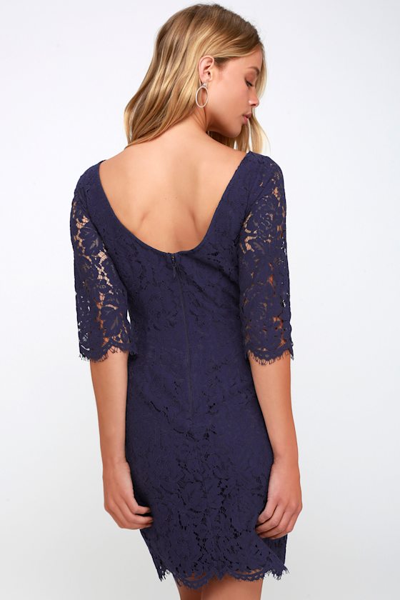 Chic Navy Blue Dress - Lace Overlay Dress - Eyelash Lace Dress
