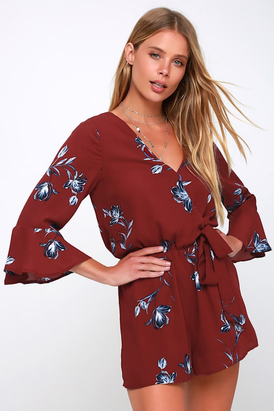 Cute Floral Romper - Burgundy Romper - Flounce Sleeve Romper - Lulus