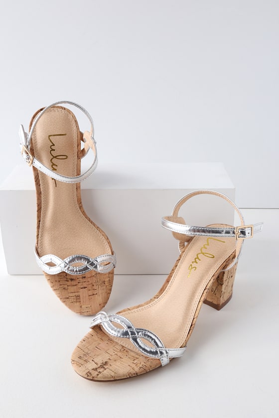 Chic Silver Heels - Cork Heels - Cork Ankle Strap Heels - Lulus