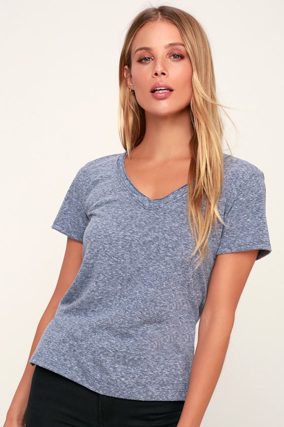 Project Social T - Heather Navy Blue V-Neck Tee - V-Neck T-Shirt - Lulus