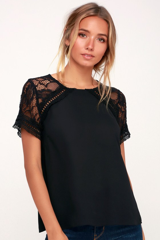 Chic Black Top Lace Top Short Sleeve Top Office Top Top Lulus
