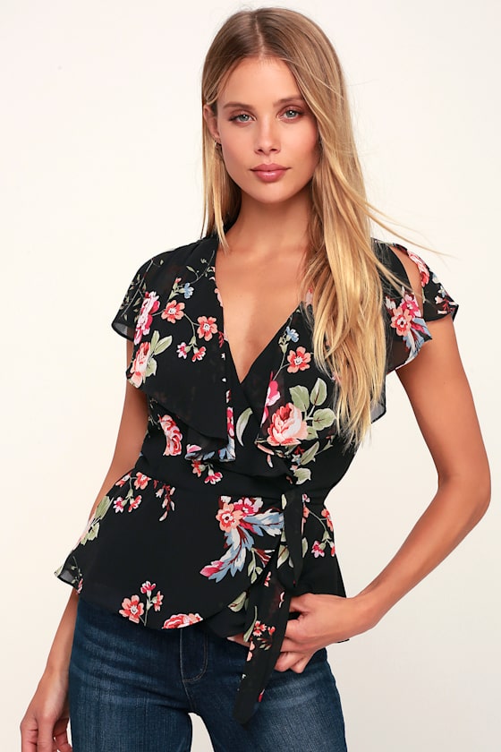 Black Floral Print Top - Wrap Top - Short Sleeve Wrap Top - Lulus