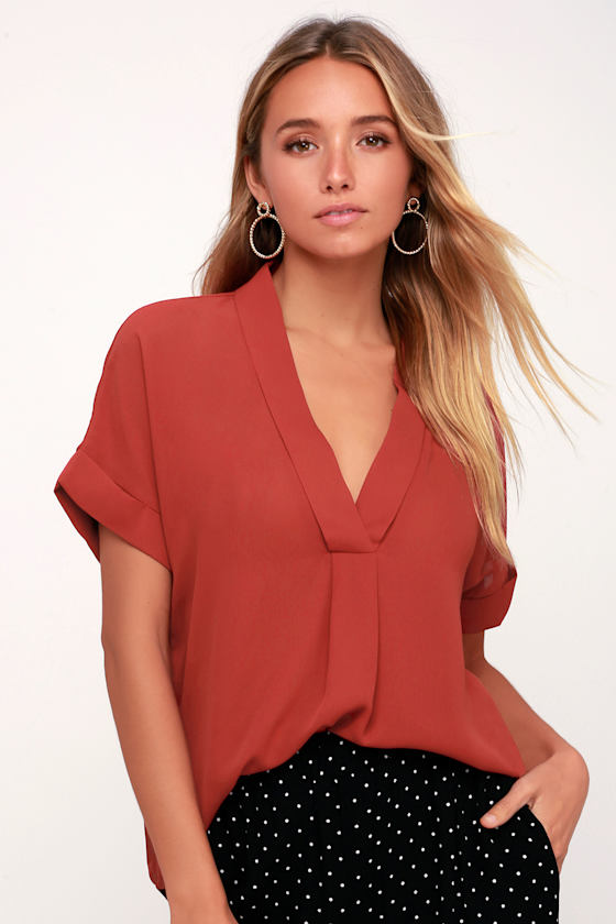 Chic Rust Red Top - Short Sleeve Top - Blouse - Office Chic Top - Lulus