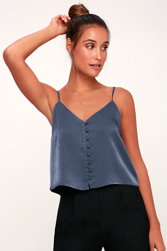 Cute Washed Navy Blue Top - Satin Button-Up Top - Cropped Tank - Lulus