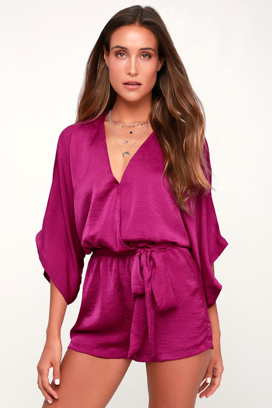Chic Magenta Romper - Satin Romper - Wide Sleeve Romper - Lulus