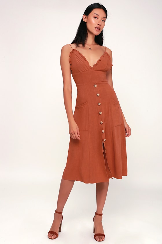 Cute Midi Dress - Rust Orange Dress - Button Front Midi Dress - Lulus