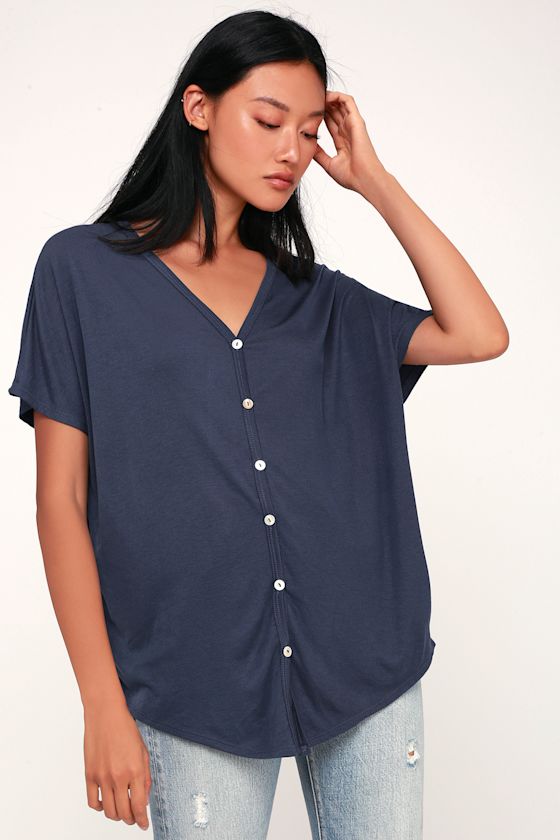 Cute Washed Navy Blue Top - Ribbed Button-Up Top - Oversized Top - Lulus