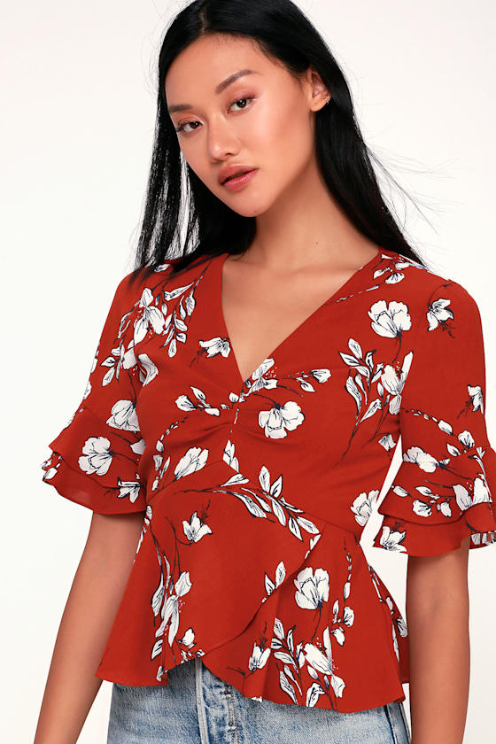 Cute Floral Print Top - Rust Red Top - Peplum Top - Office Top - Lulus