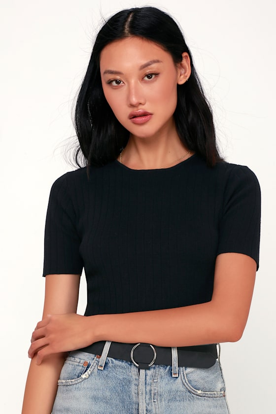 Chic Black Sweater Top - Ribbed Knit Crop Top - Split Back Top - Lulus