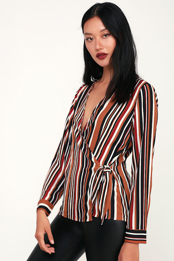 Cute Brown Multi Striped Top - Wrap Top - Long Sleeve Top - Top - Lulus
