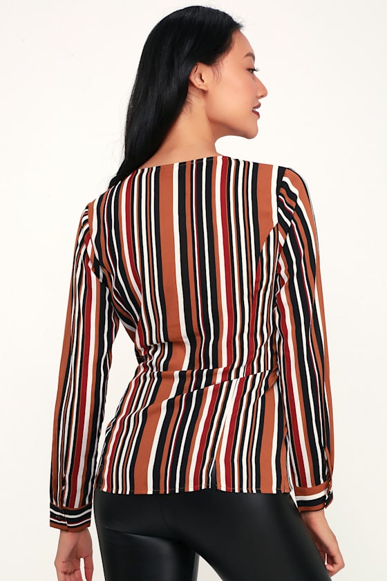 Cute Brown Multi Striped Top - Wrap Top - Long Sleeve Top - Top - Lulus