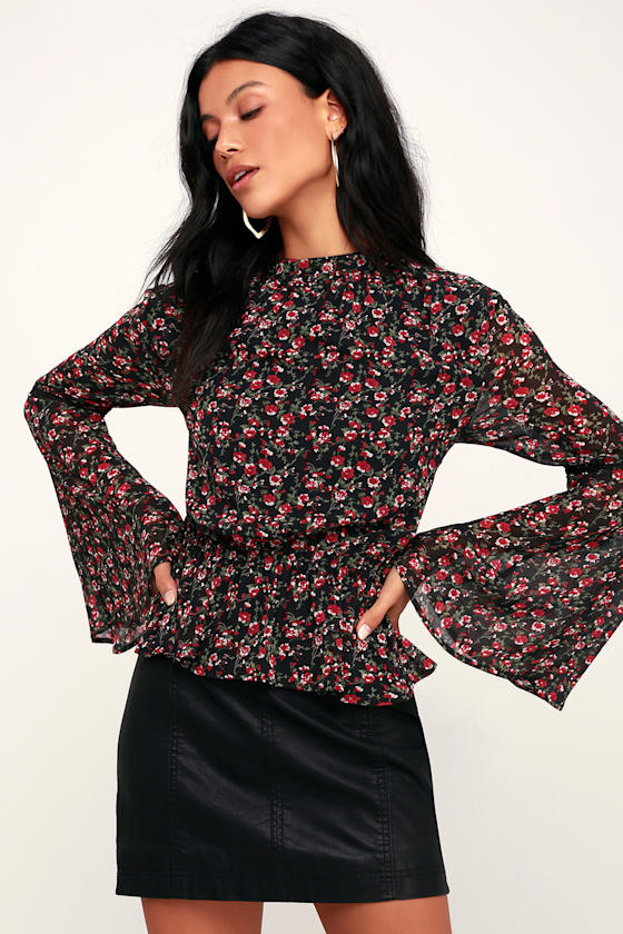 Chic Floral Top - Bell Sleeve Top - Black Floral Print Top - Lulus