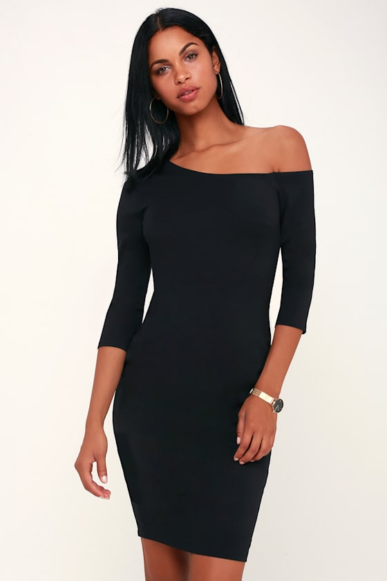 Cute Black Dress - Black Bodycon Dress - Off-the-Shoulder Dress - Lulus