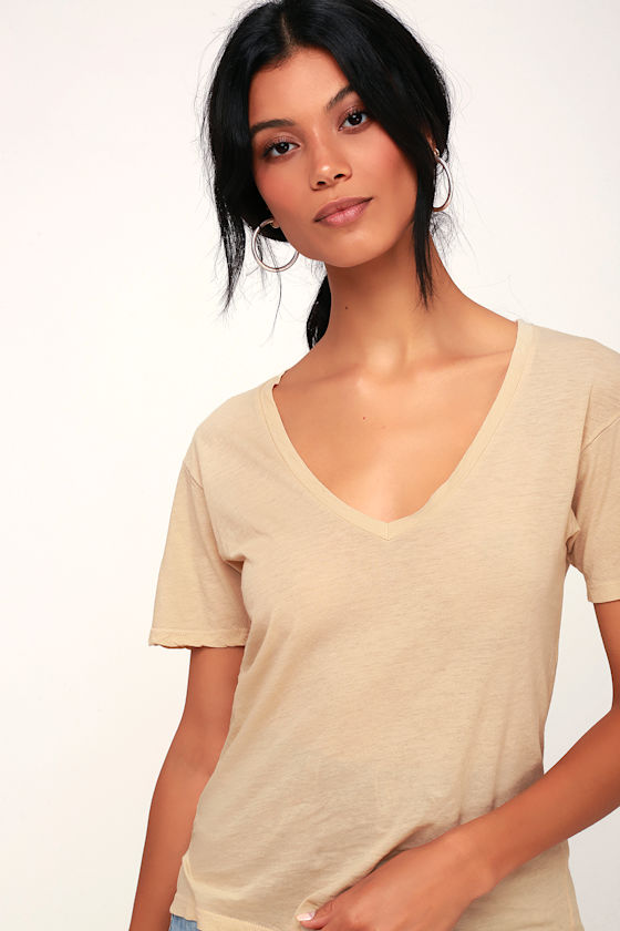 Project Social T The Softest - Beige Tee - V-Neck Tee - T-Shirt - Lulus