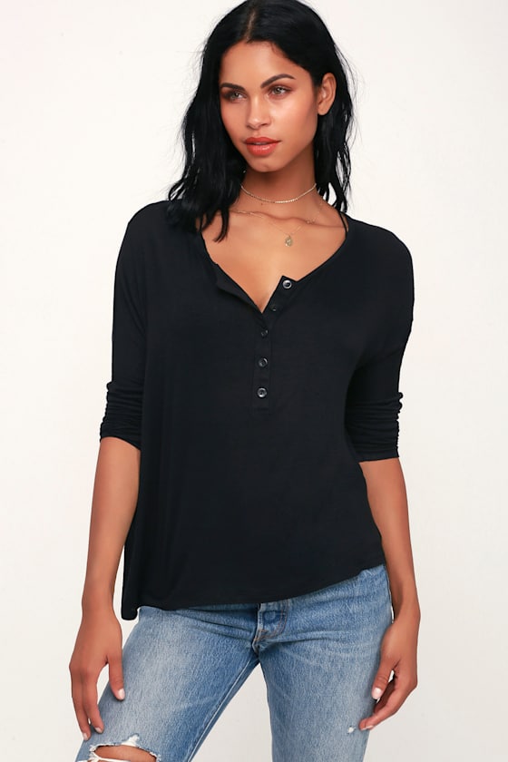 Cute Black Henley Top - Long Sleeve Top - Dolman Sleeve Top - Lulus