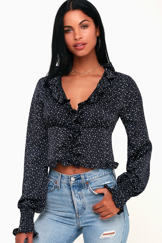 Chic Black Polka Dot Top Black Ruffled Long Sleeve Top Lulus