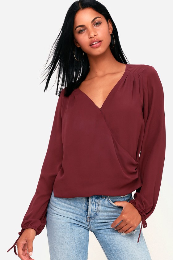Chic Burgundy Top - Long Sleeve Top - Long Sleeve Surplice Top - Lulus