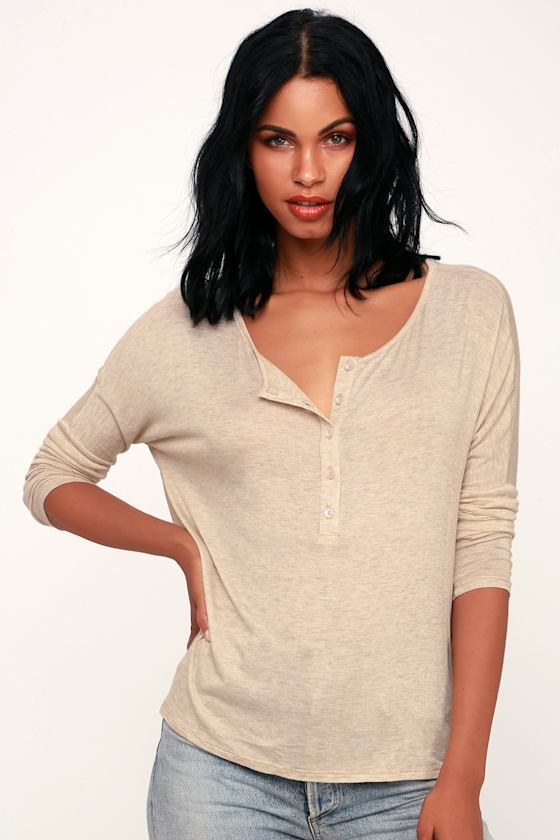Cute Beige Henley Top - Long Sleeve Top - Dolman Sleeve Top - Lulus
