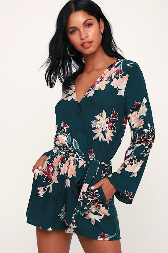 Cute Teal Green Romper - Floral Print Romper - Long Sleeve Romper - Lulus