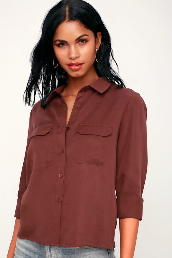 Classic Washed Burgundy Top - Button-Up Top - Long Sleeve Top - Lulus