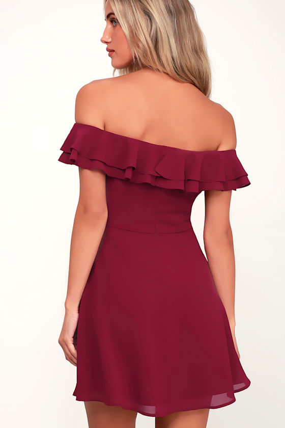 Cute Burgundy Dress - OTS Skater Dress - Off-the-Shoulder Dress - Lulus