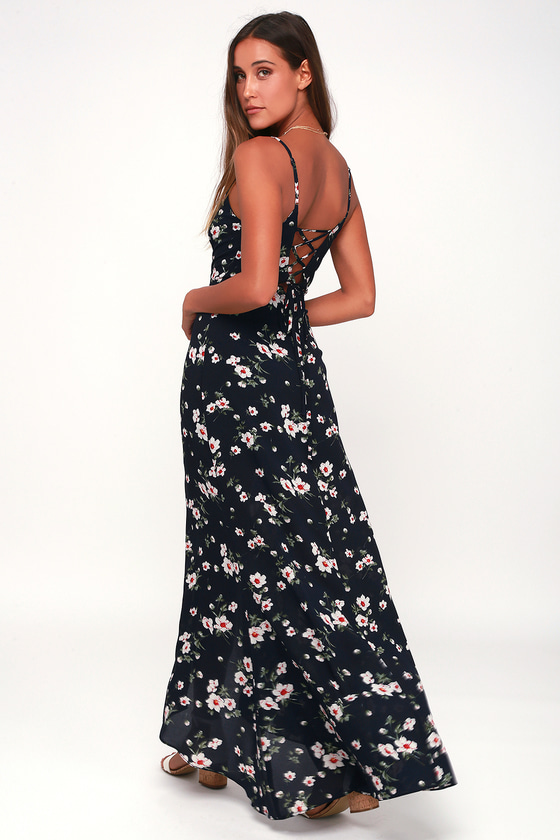 Lovely Navy Blue Floral Print Dress Lace Up Maxi Dress Dress Lulus